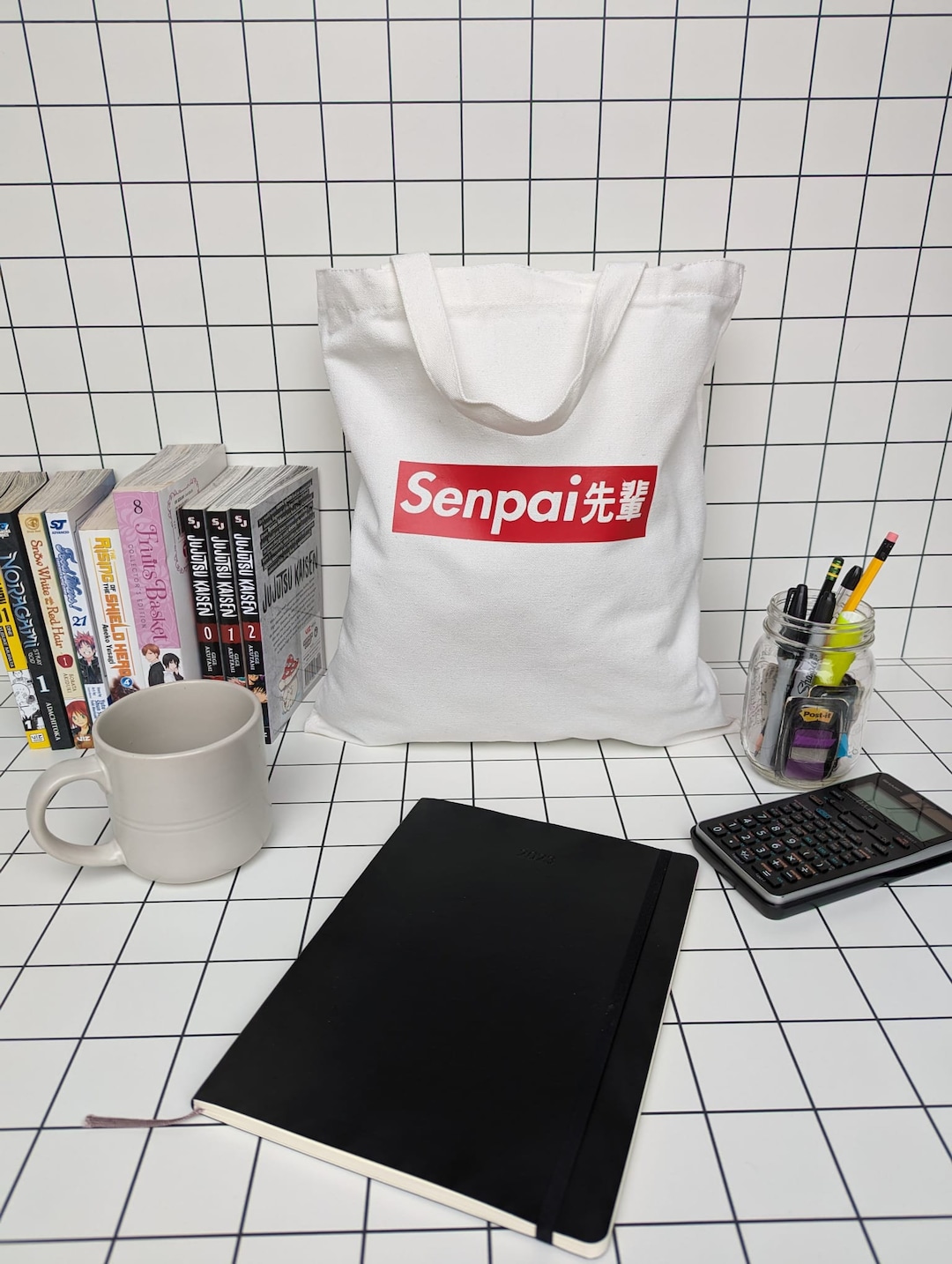 Senpai Tote Bag, White Black Canvas Anime Simple Minimalist - Etsy