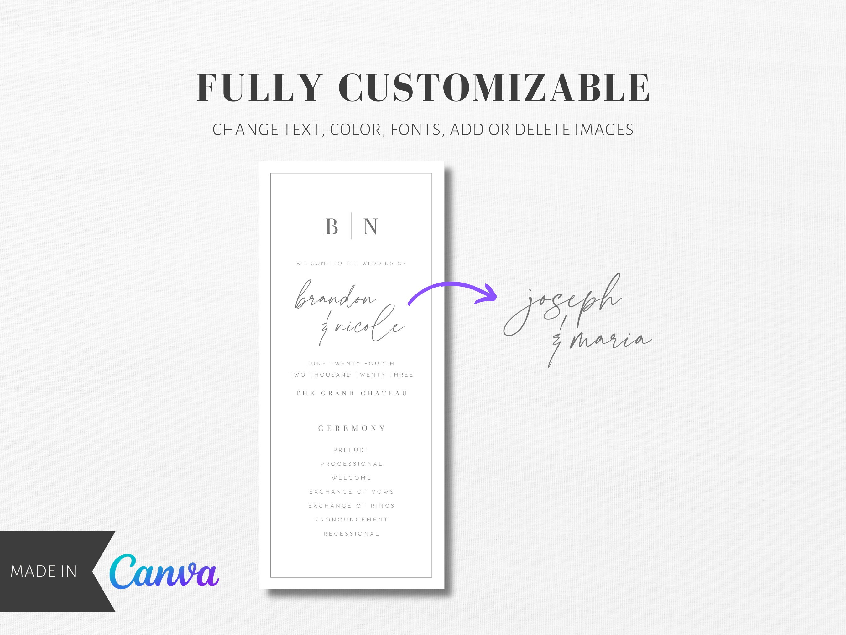 Modern Wedding Program Template, Wedding Ceremony Program, Canva ...
