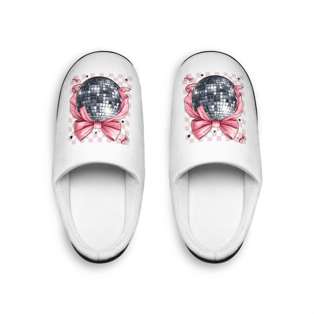 Slippers, Pink Bow Disco Ball New Year's Eve Indoor Shoes, House ...