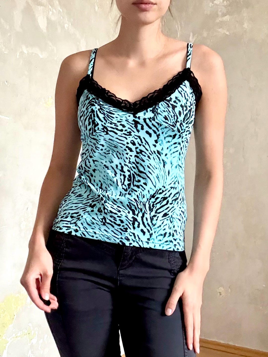 Vintage Turquoise Cami — Y2k Animal Panther Print, Glam Style Tank Top ...