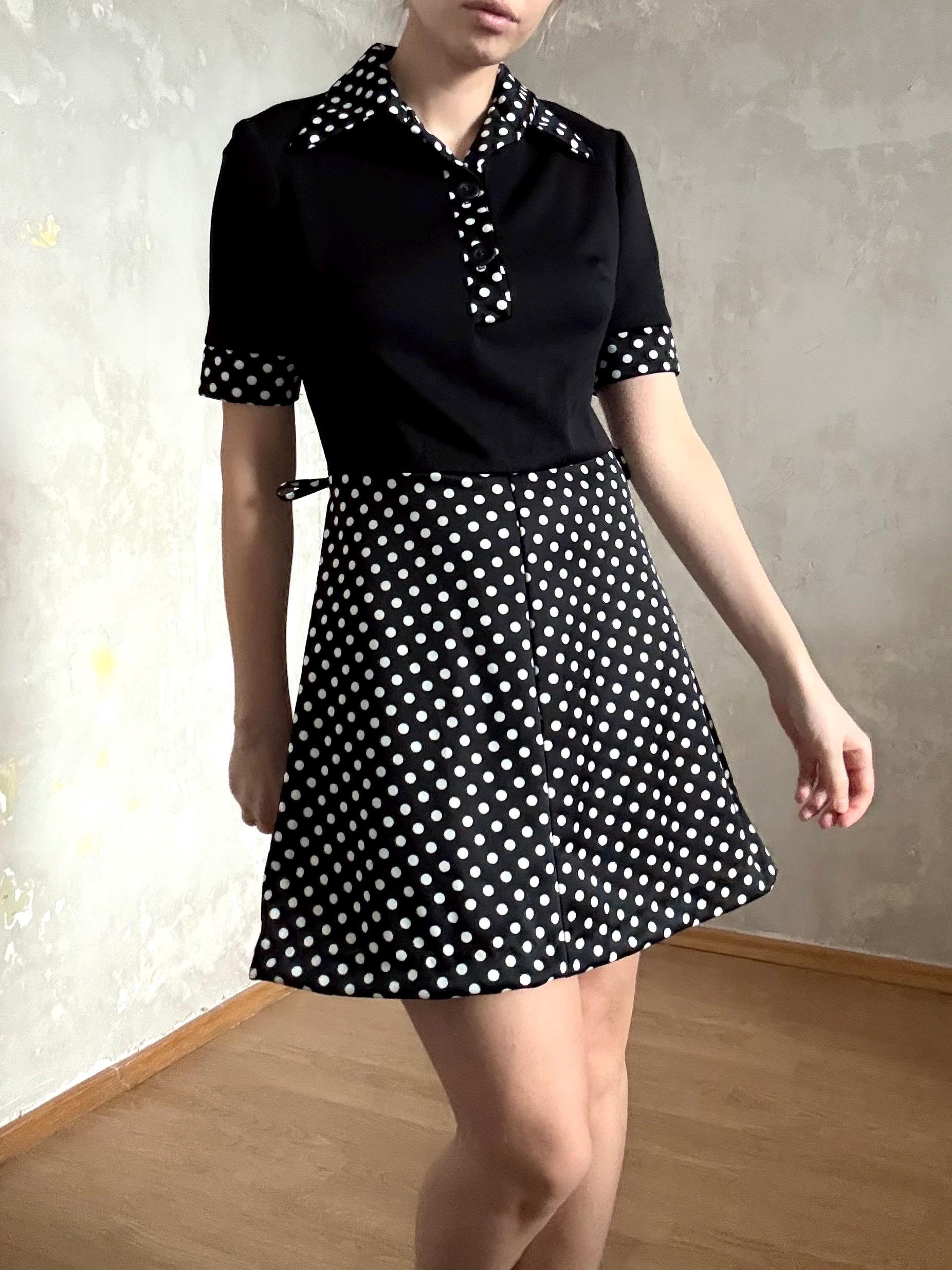 Vintage 70s Polka Dot Mini Dress — Mod Collared Short Sleeve - Etsy