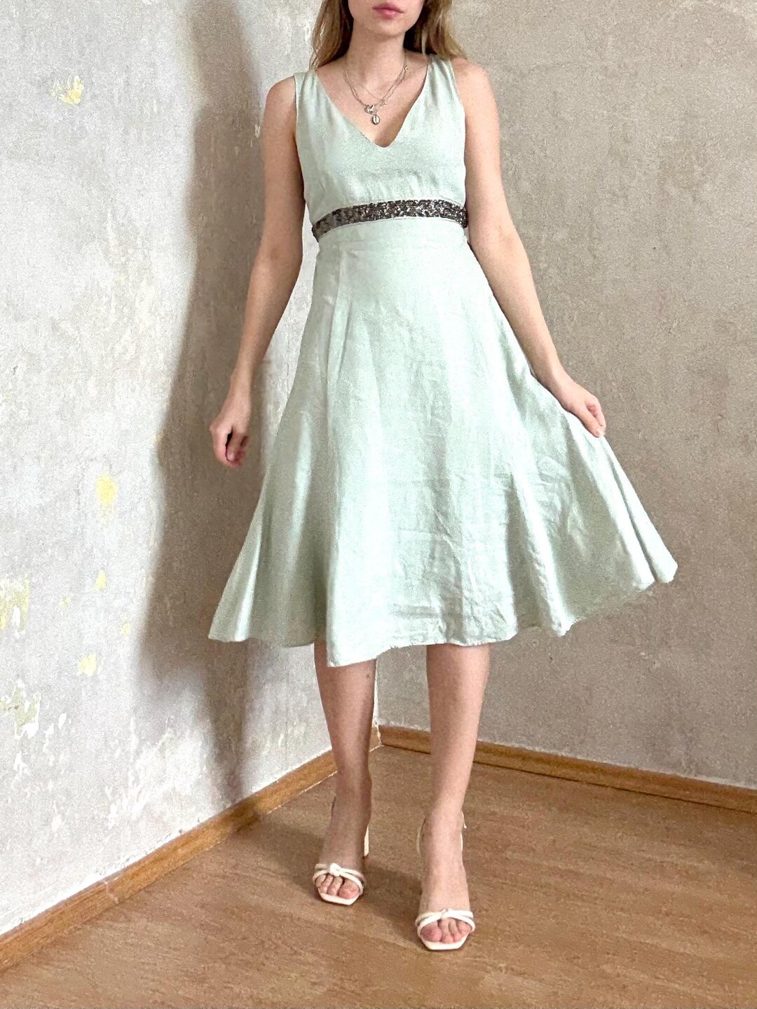 Vintage Y2k 2000s Mint Green Linen Sleeveless Midi Dress - Etsy