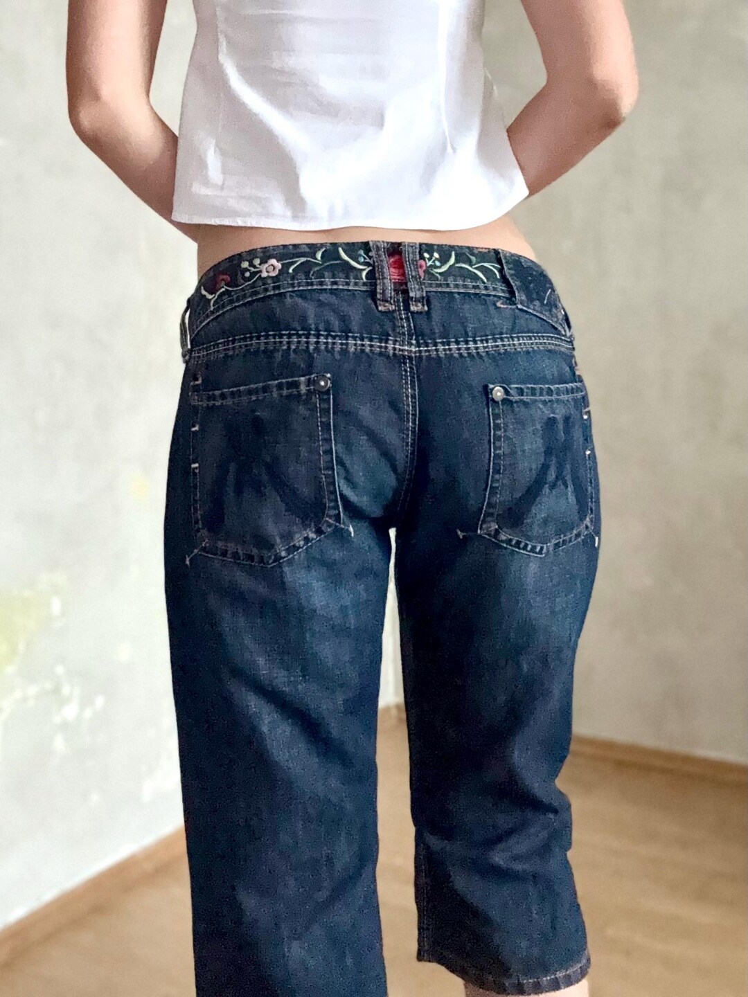 Vintage Blue Denim Capri Pants — Y2k 2000s Boho Embroidered Low Rise ...