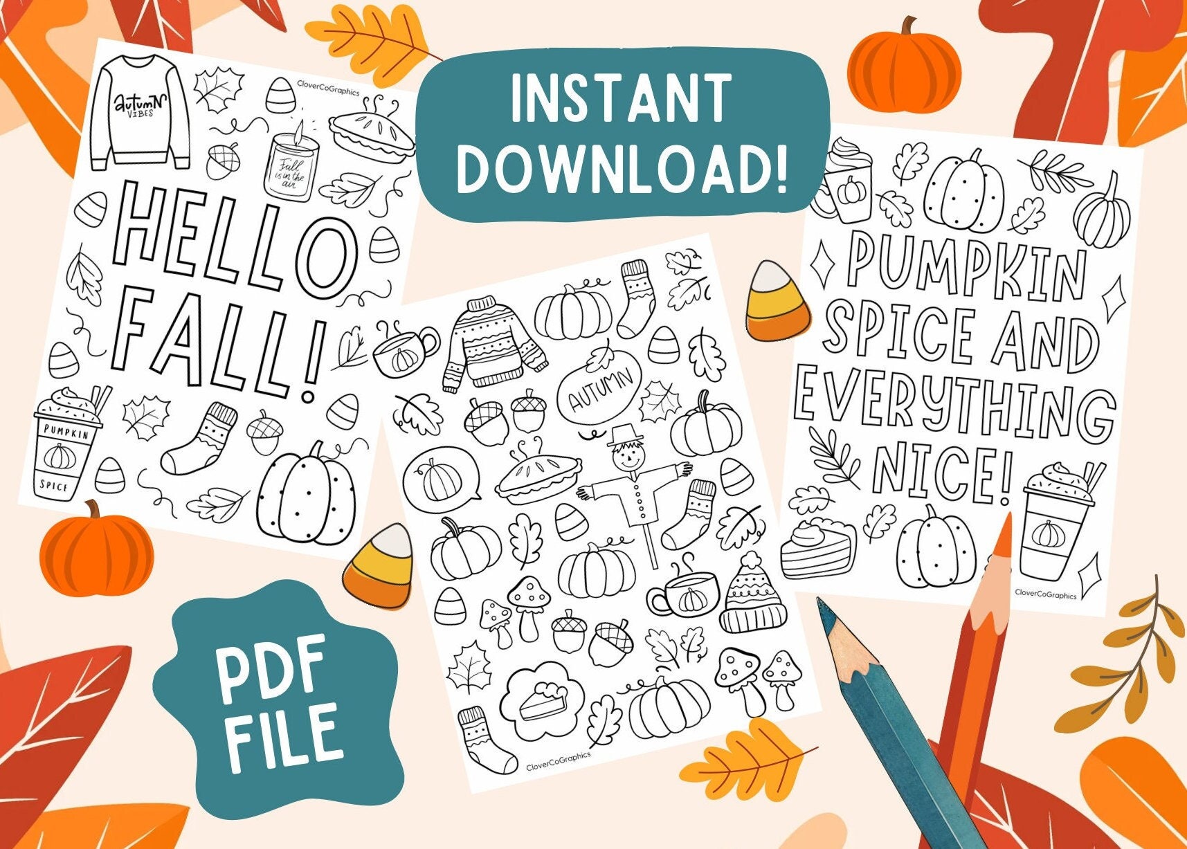 Fall Coloring Pages, Autumn Coloring Pages - Etsy