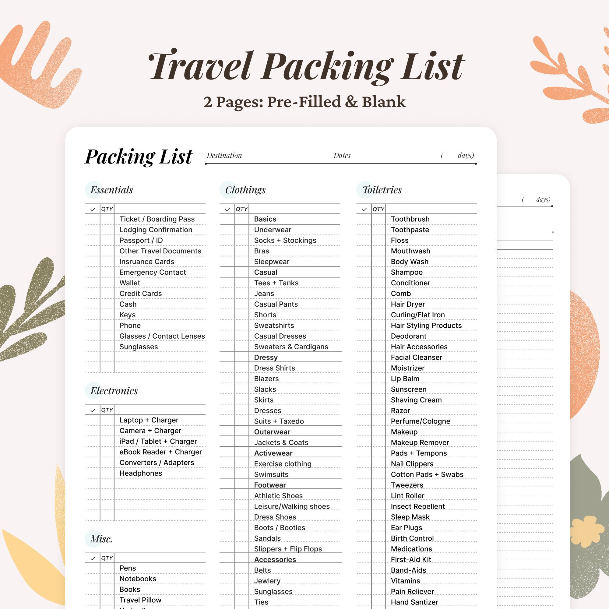 Travel Packing List | Printable PDF - Etsy