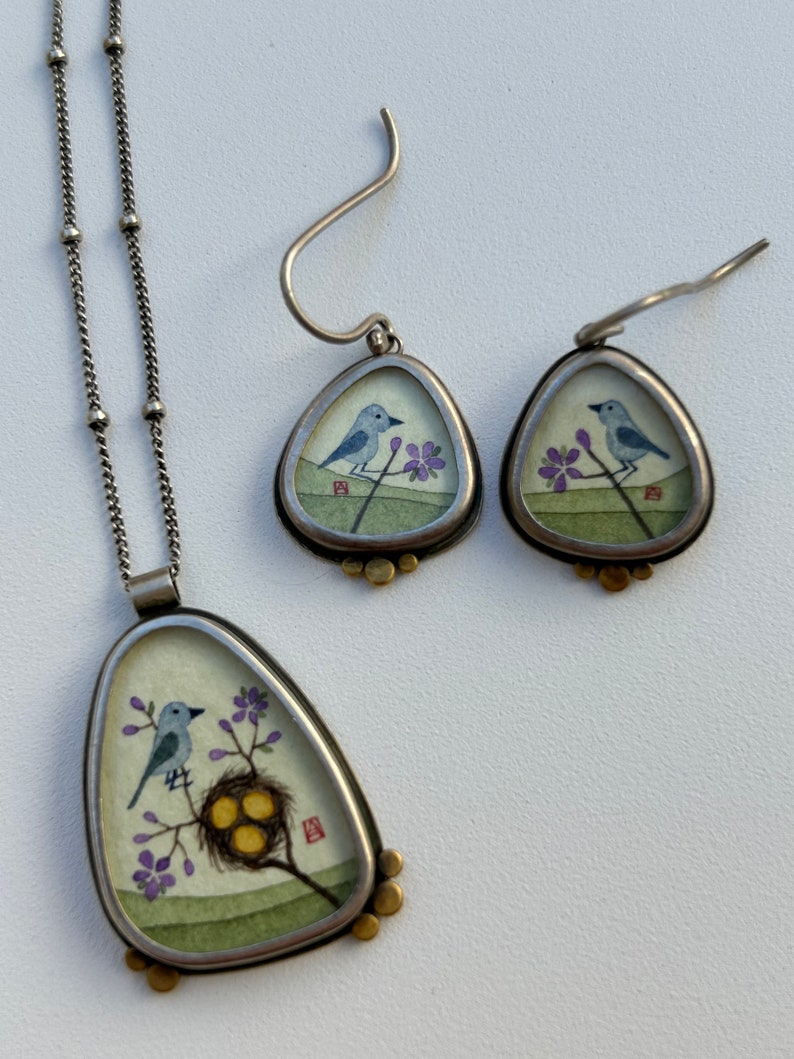 Ananda Khalsa 22k Gold Dot Bluebird W/nest Necklace & Matching Bluebird Earrings - Etsy