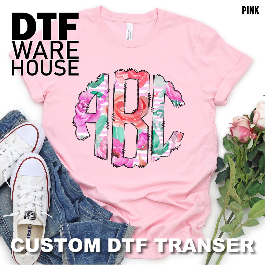 Pink Floral Print Monogram, Custom DTF Monogram, Ready to Press ...