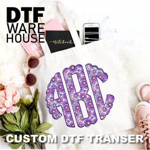 Purple Floral Print Monogram, Custom DTF Monogram, Ready to Press ...