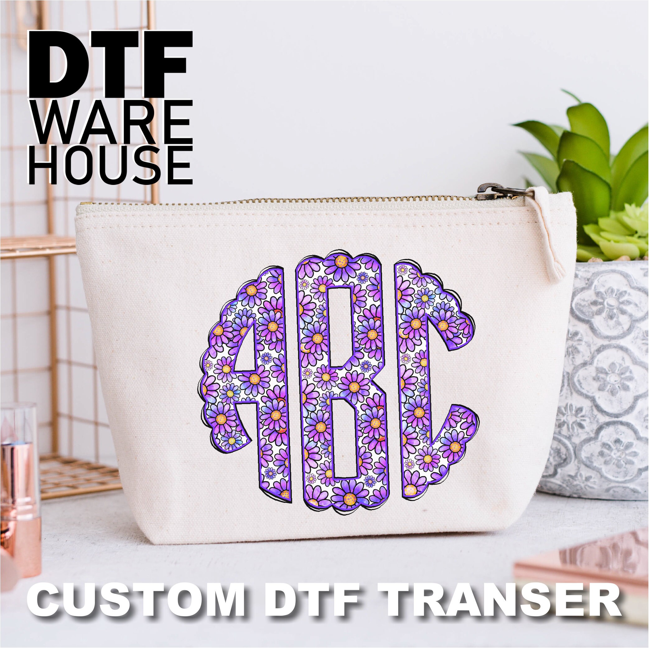 Purple Floral Print Monogram, Custom DTF Monogram, Ready to Press ...