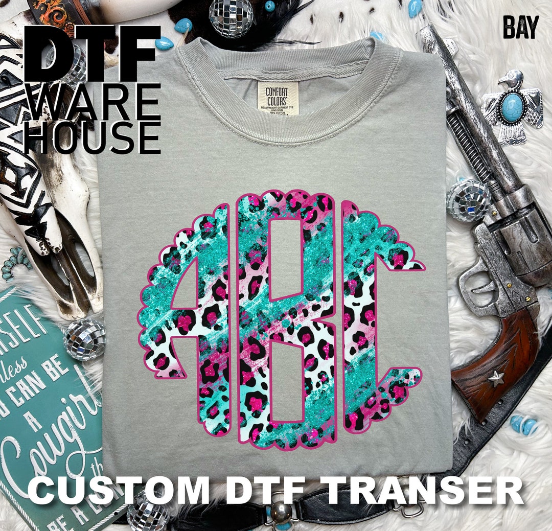 Pink Blue Leopard Print Monogram, Custom DTF Monogram, Ready to Press ...