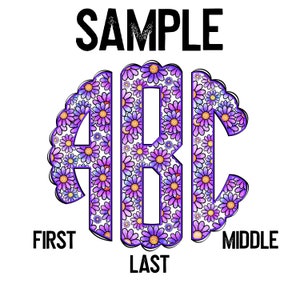 Purple Floral Print Monogram, Custom DTF Monogram, Ready to Press ...