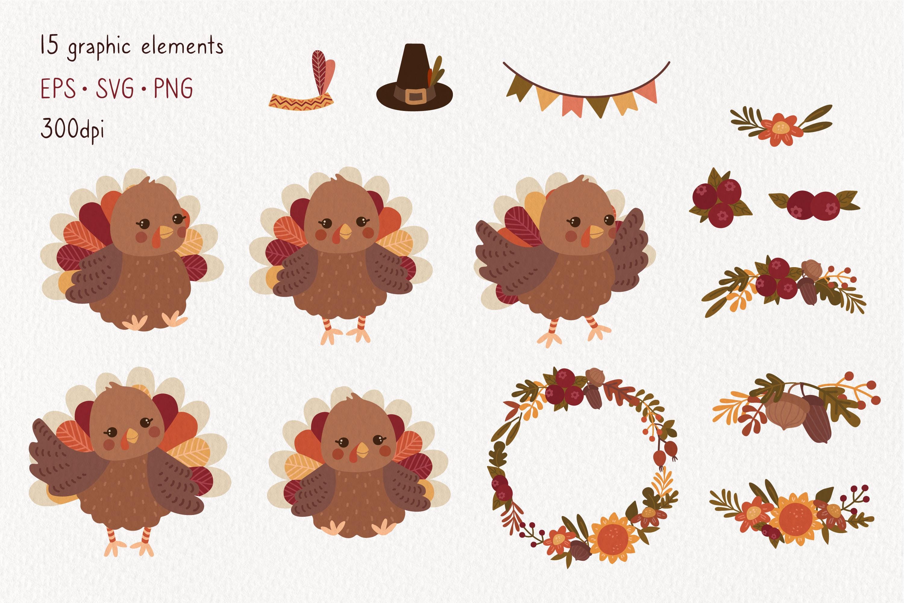 Cute Thanksgiving Clipart and Seamless Patterns. Turkey Digital Papers ...