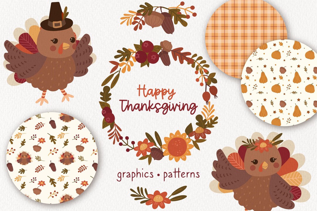 Cute Thanksgiving Clipart and Seamless Patterns. Turkey Digital Papers ...
