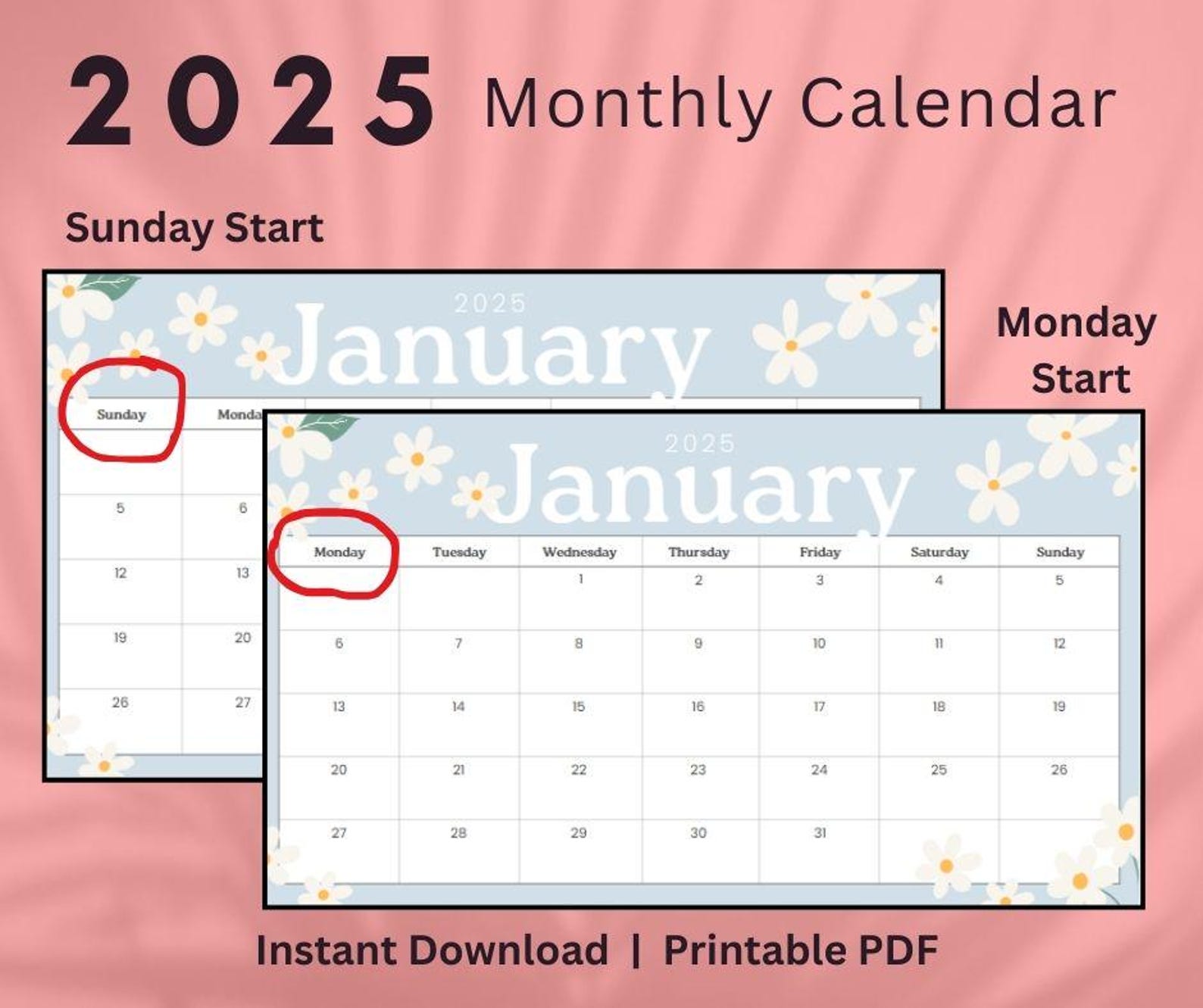 Printable Calendar 2025 Floral Design, Monthly Planner, Printable PDF ...