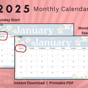 Printable Calendar 2025 Floral Design, Monthly Planner, Printable PDF ...