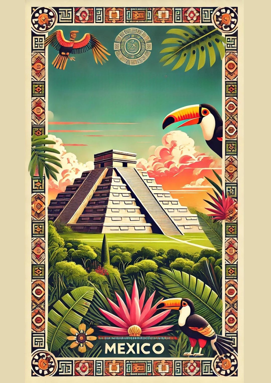 Vintage Mexico Poster – Mayan Pyramid Digital Poster to Download ...