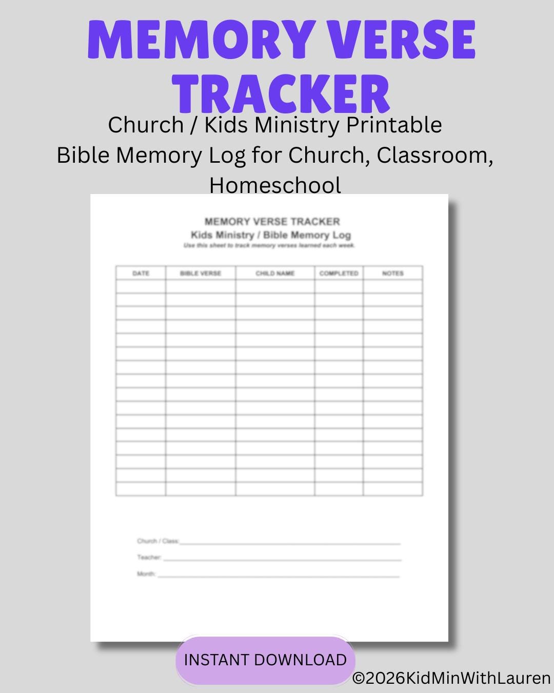 Memory Verse Tracker Printable, Kids Ministry Bible Log (digital ...