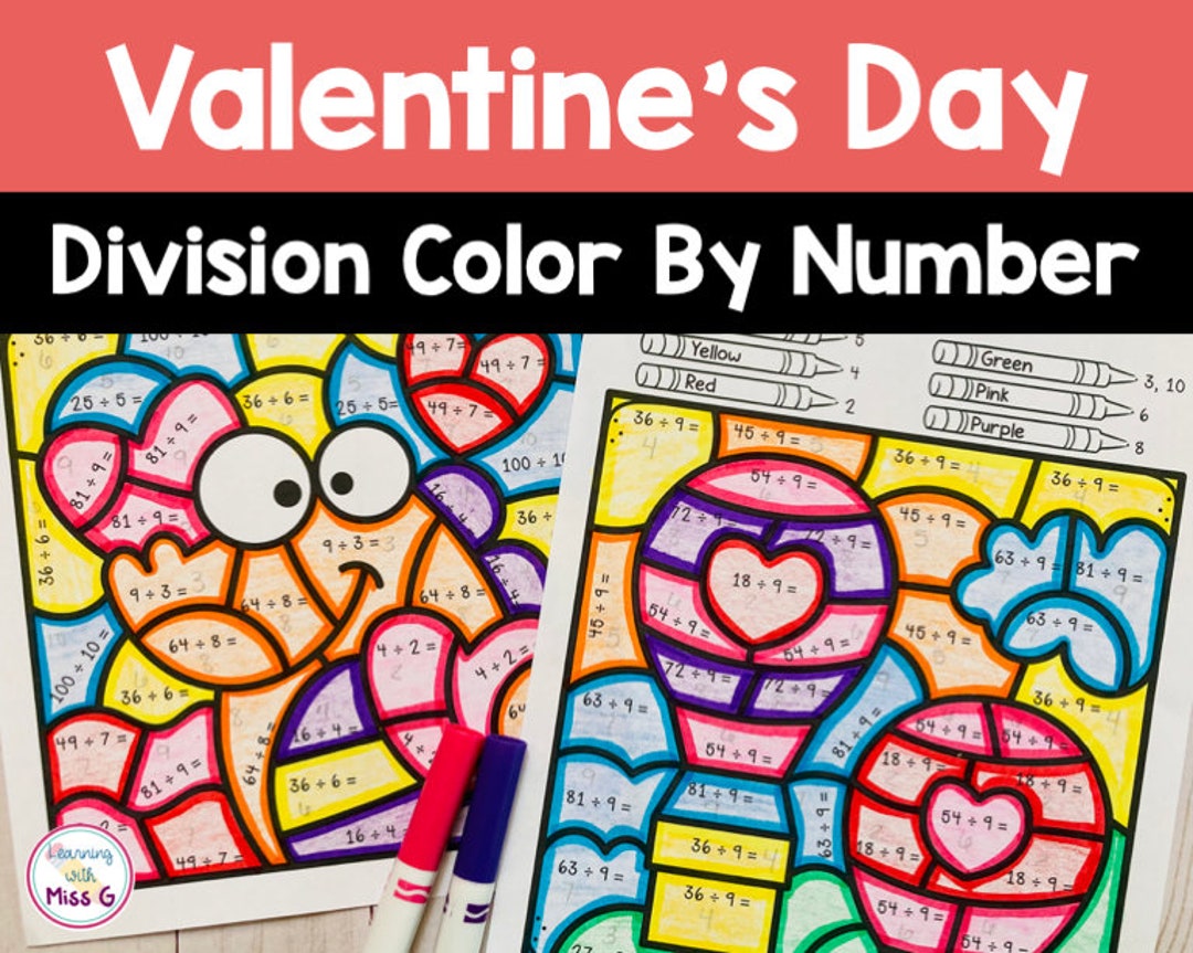 Valentines Day Division Color by Number Worksheets - Math Coloring ...