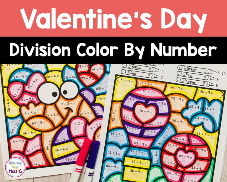 Valentines Day Division Color by Number Worksheets - Math Coloring ...