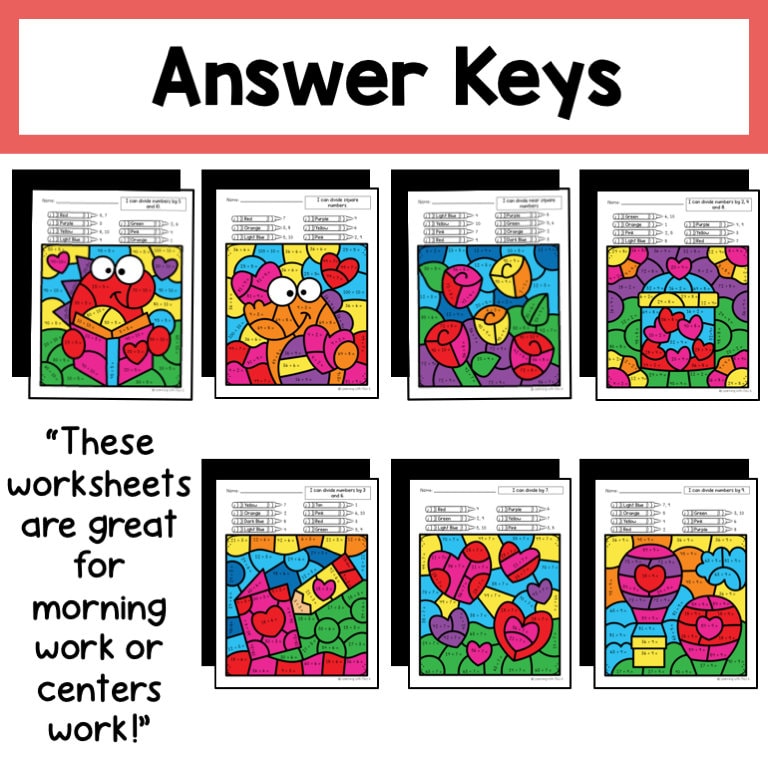 Valentines Day Division Color by Number Worksheets - Math Coloring ...