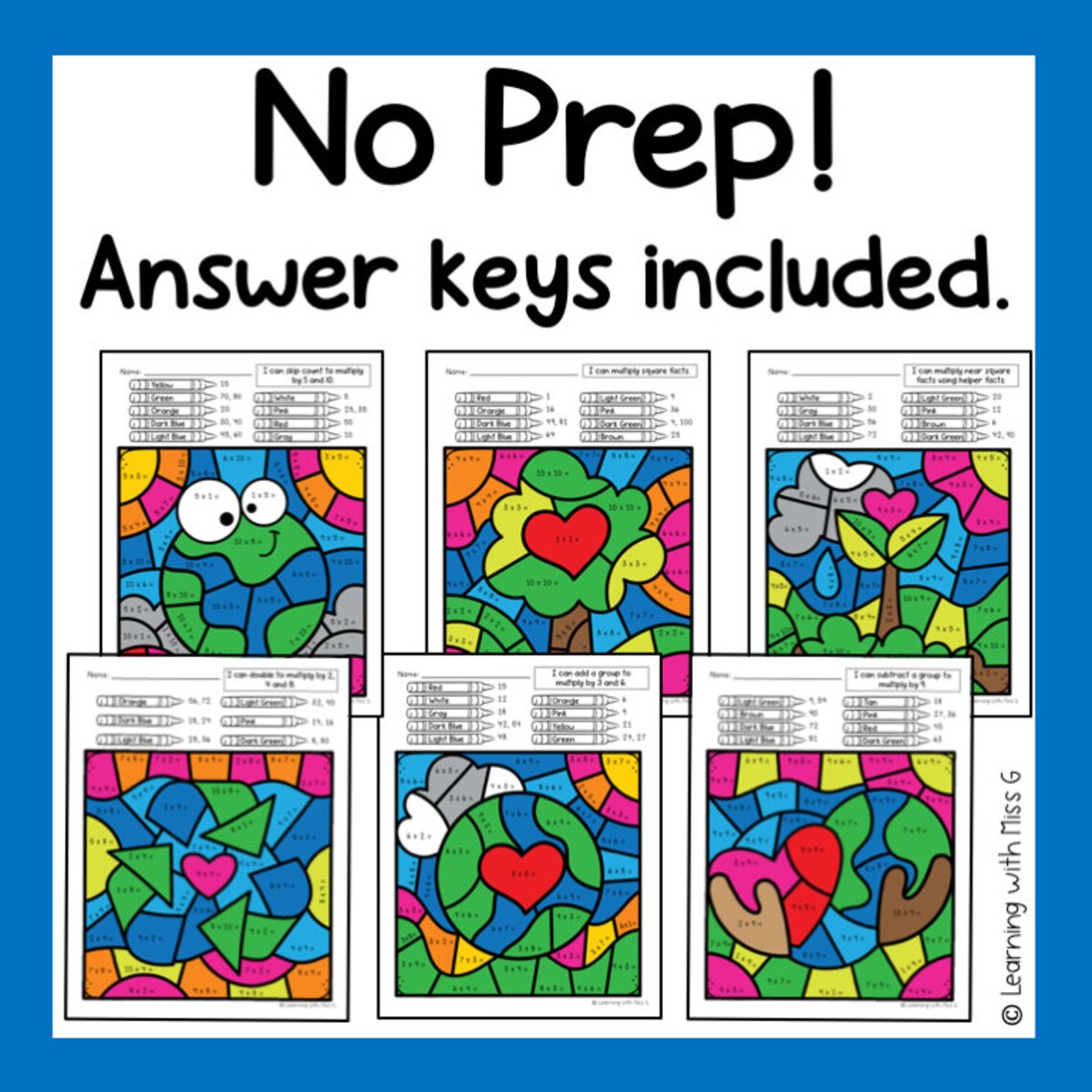 Earth Day Multiplication Color by Number Worksheets | Spring Coloring ...