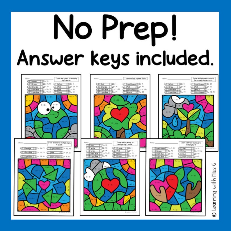 Earth Day Multiplication Color by Number Worksheets | Spring Coloring ...