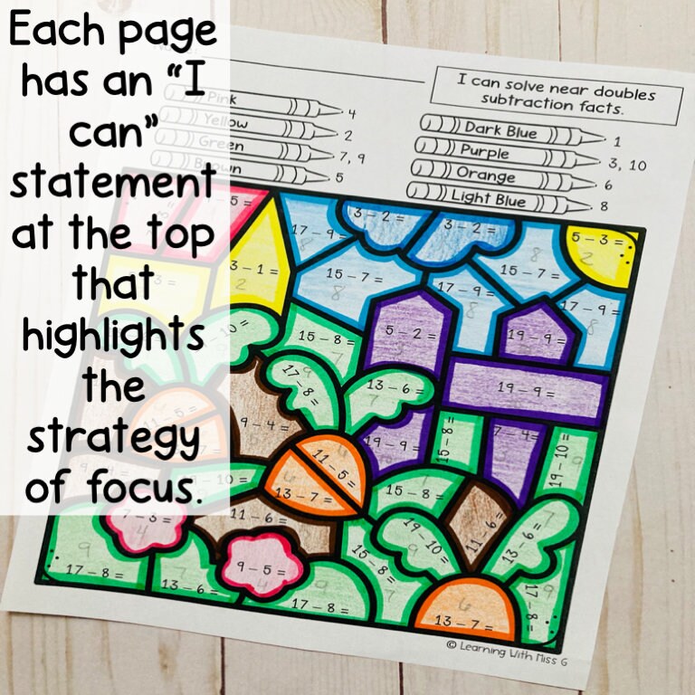 Subtracting With Near Doubles Color by Number Worksheets | Math ...