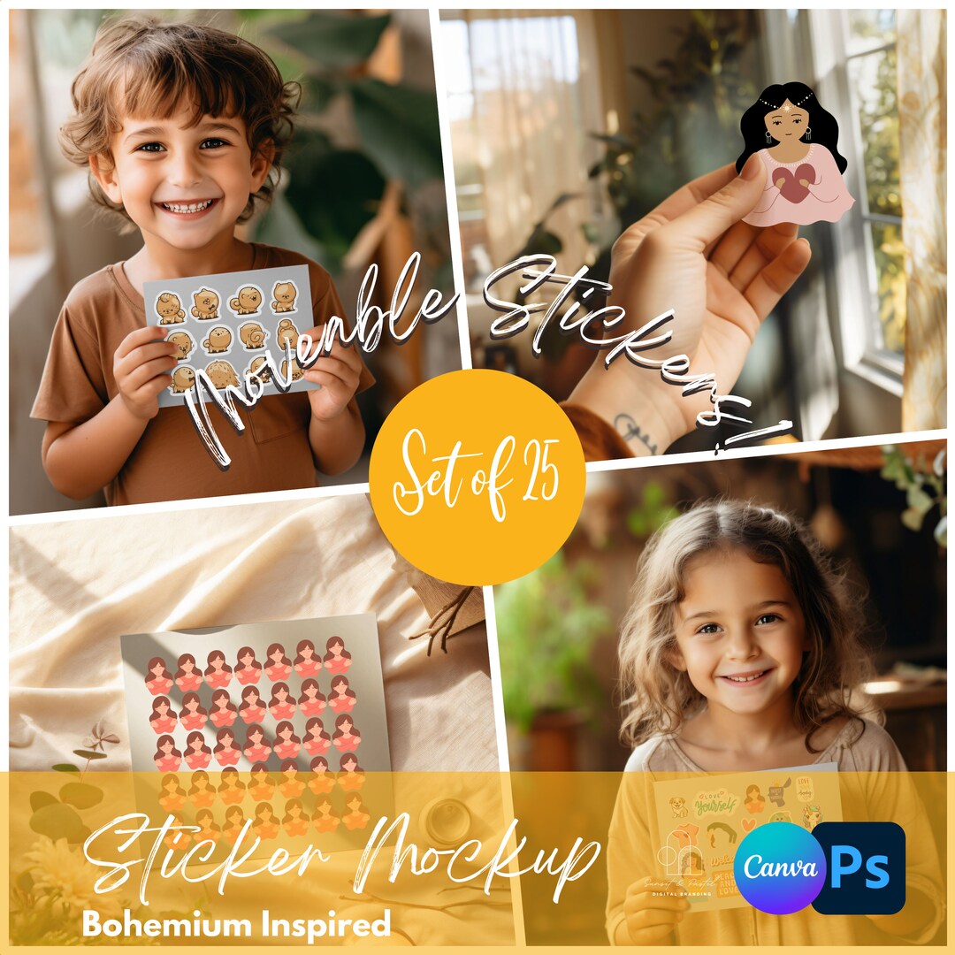 Set of 25 Sticker Mockup, Moveable Sticker Mockup Bundle, Boho Theme ...