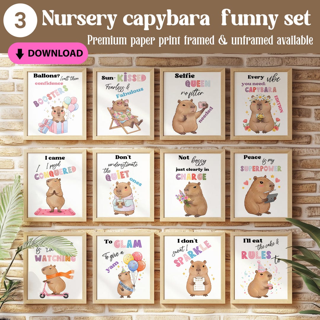Cute Funny Empower Capybara Wall Art Set of 12, Big Silly Pink Capybara ...