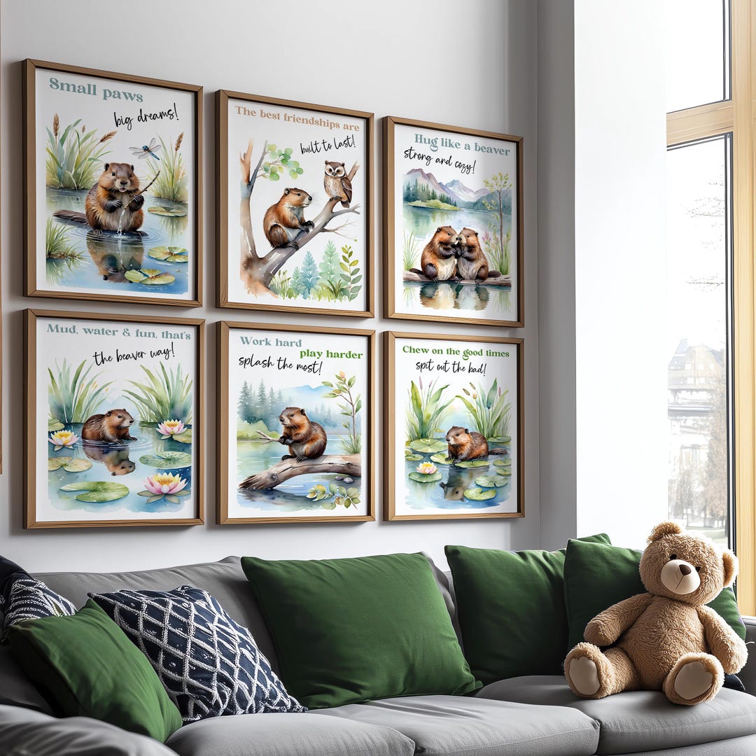 Kids Positive Empower Quote Beaver Wall Art Set of 6, Nursery ...