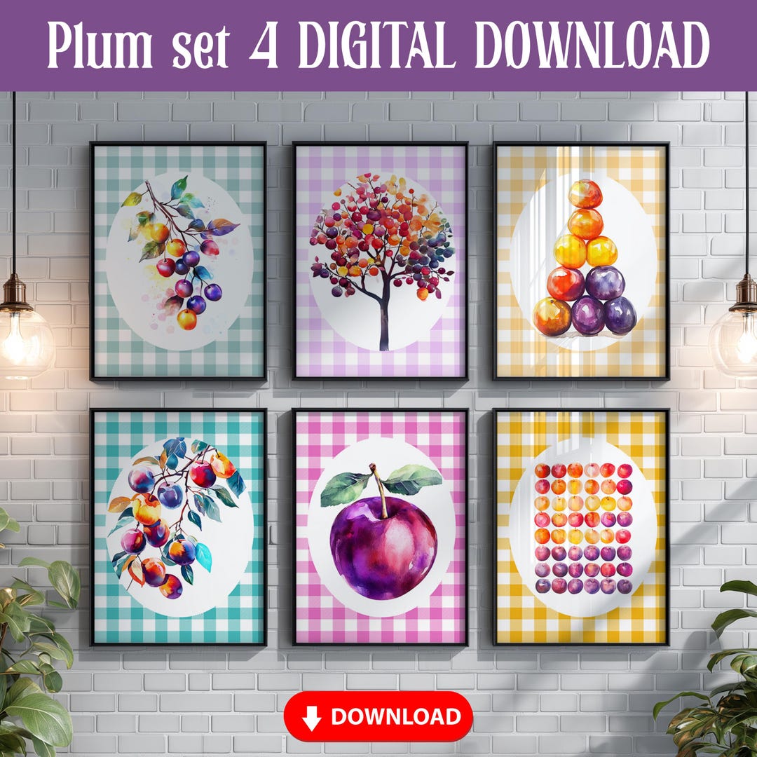 Watercolor Plum Art Print Set of 6, Fruit Plums Botanical Branch Wall ...