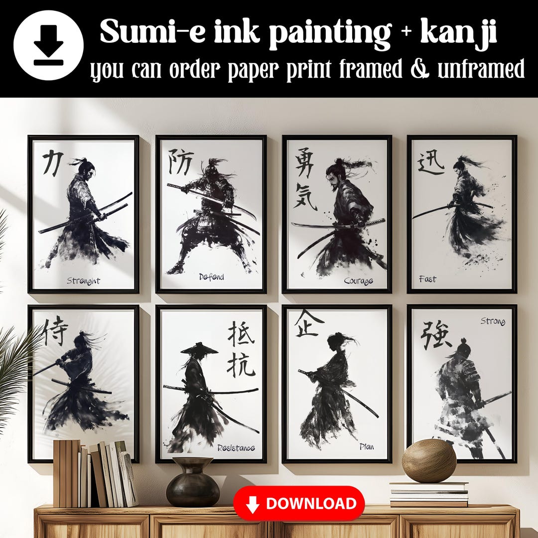 Sumie Samurai Print Set of 8, Kanji Japanese Warrior Wall Art, Sumi-e ...