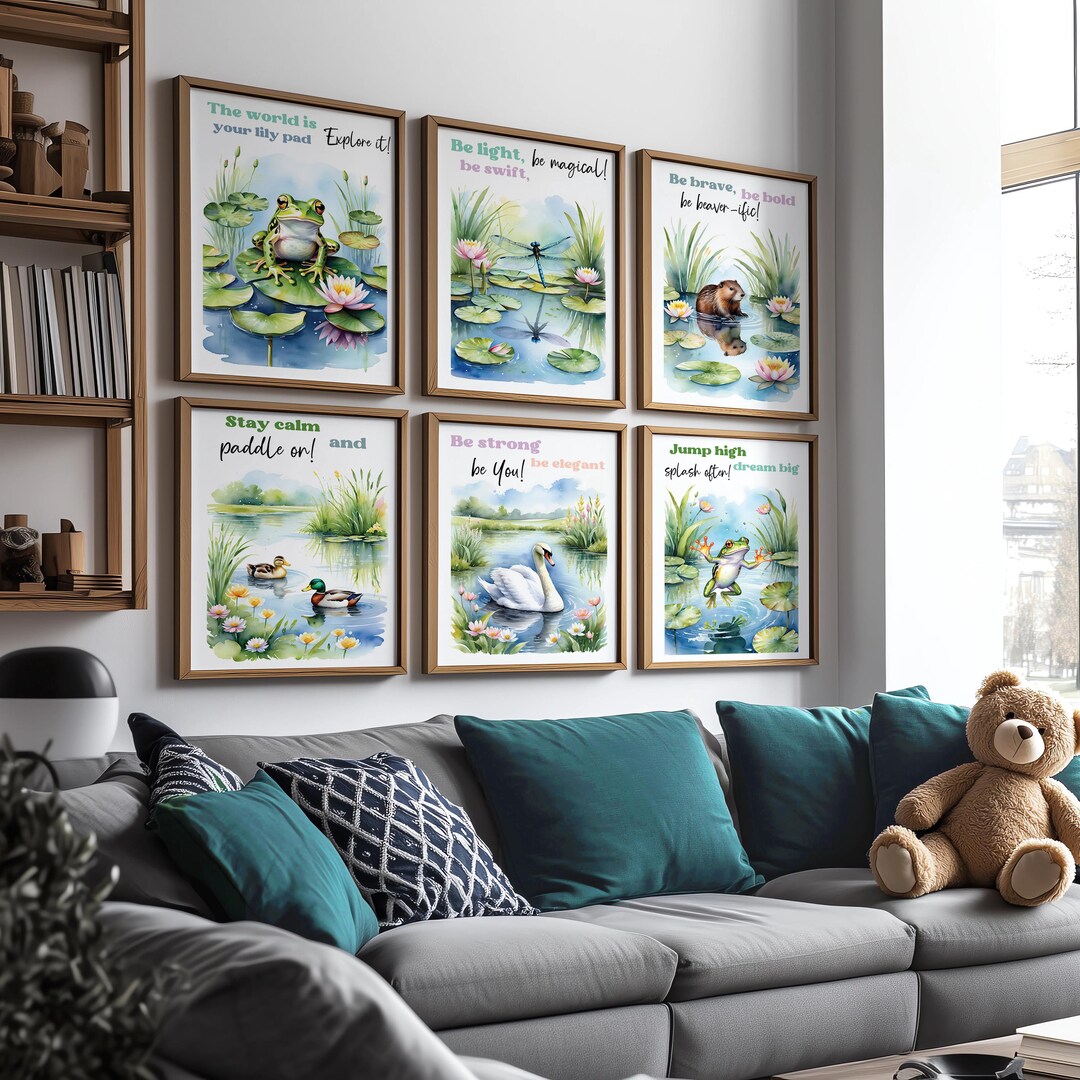 Watercolor Pond Life Animals Wall Art Set of 6, Swan Beaver Dragonfly ...