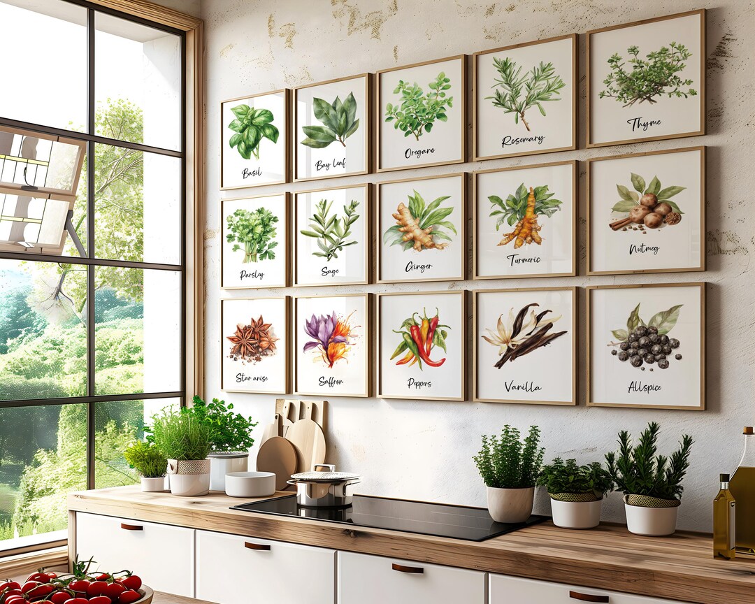 Kitchen Watercolor Herbs & Spices Wall Art Set of 24, Spices Herbs ...