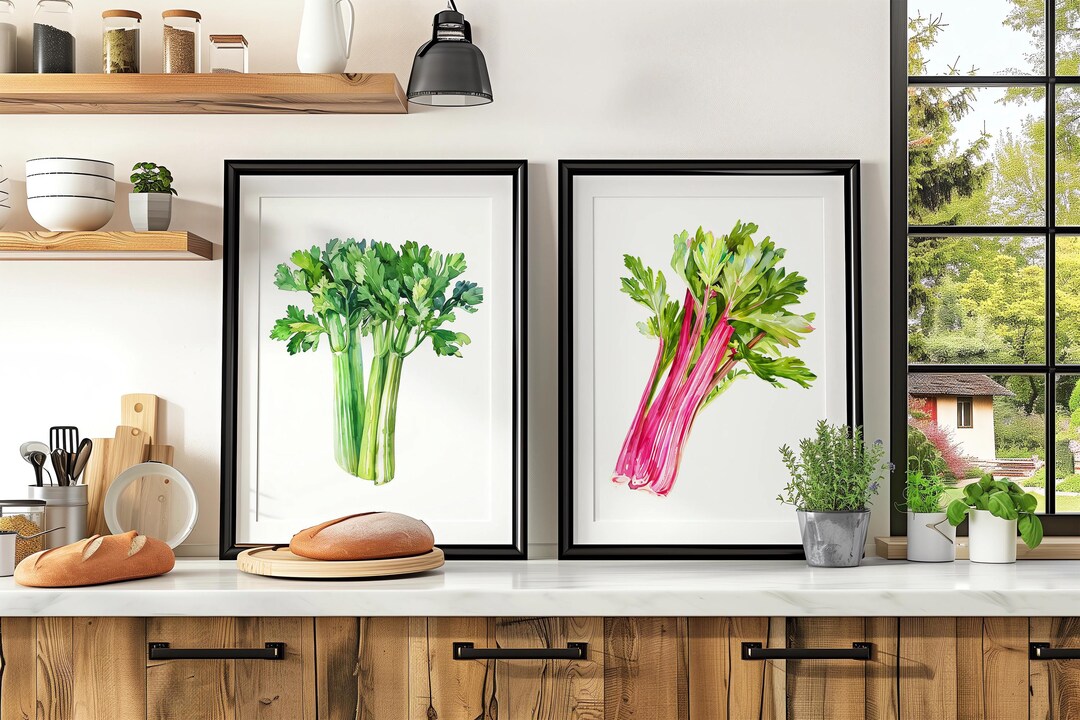 Modern Watercolor Chinese Pink Celery Art Print, Celery Painting Wall ...