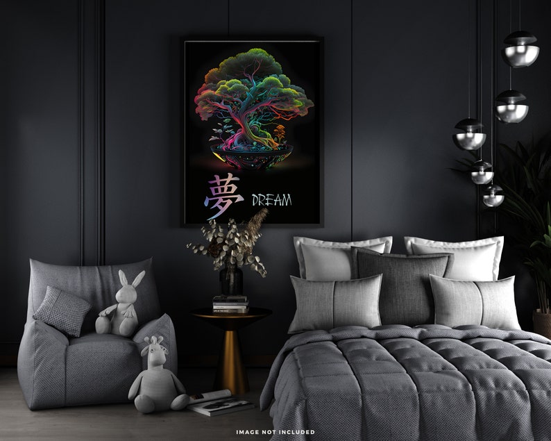 Japanese Kanji Neon Bonsai Tree Print Set of 3 Japan Calligraphy Kanji ...