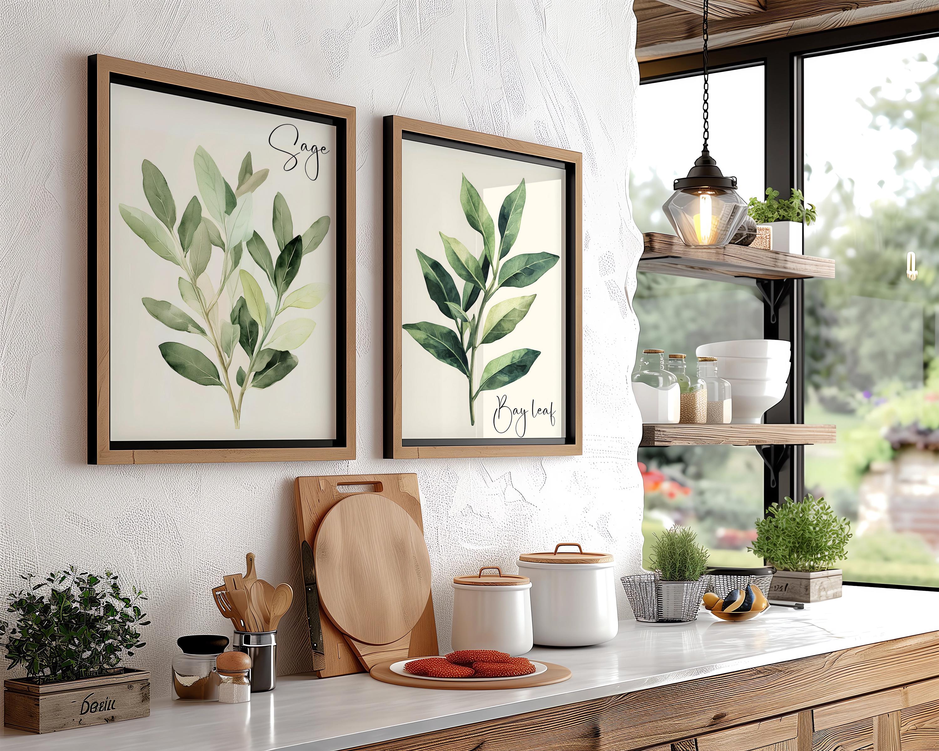 Watercolor Herb Art Print Set, Framed Kitchen Wall Decor, Culinary ...