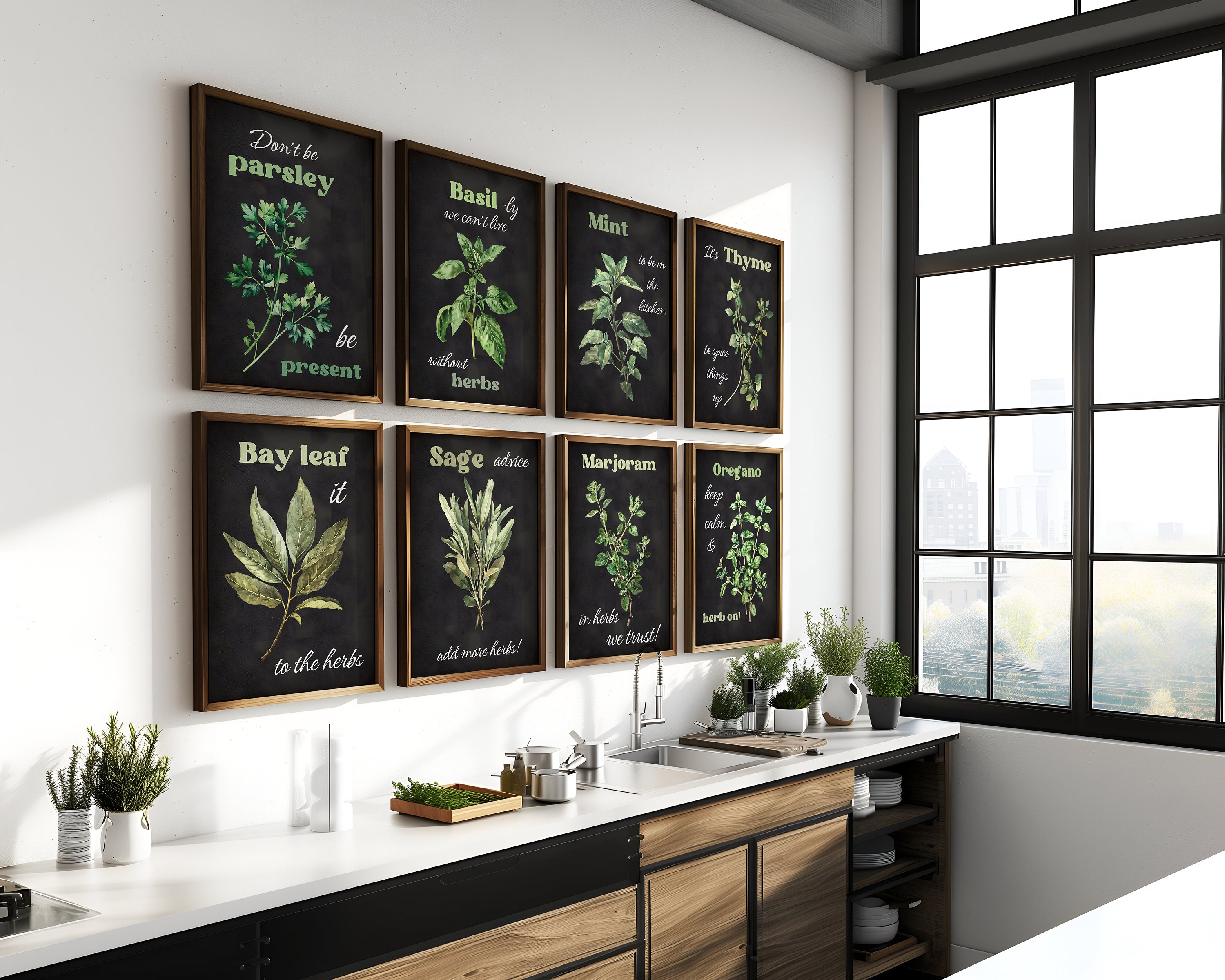 Custom Black Herbs Wall Art Set of 8, Charcoal Herbs Framed Prints ...