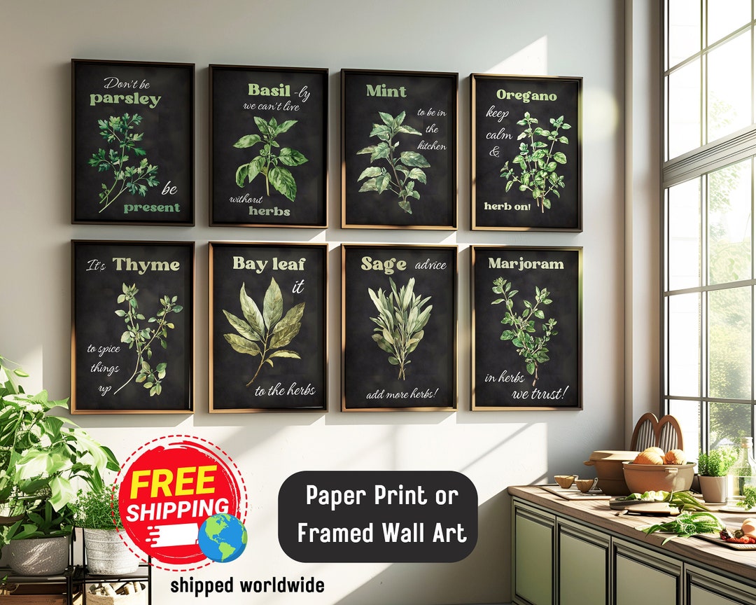 Custom Black Herbs Wall Art Set of 8, Charcoal Herbs Framed Prints ...