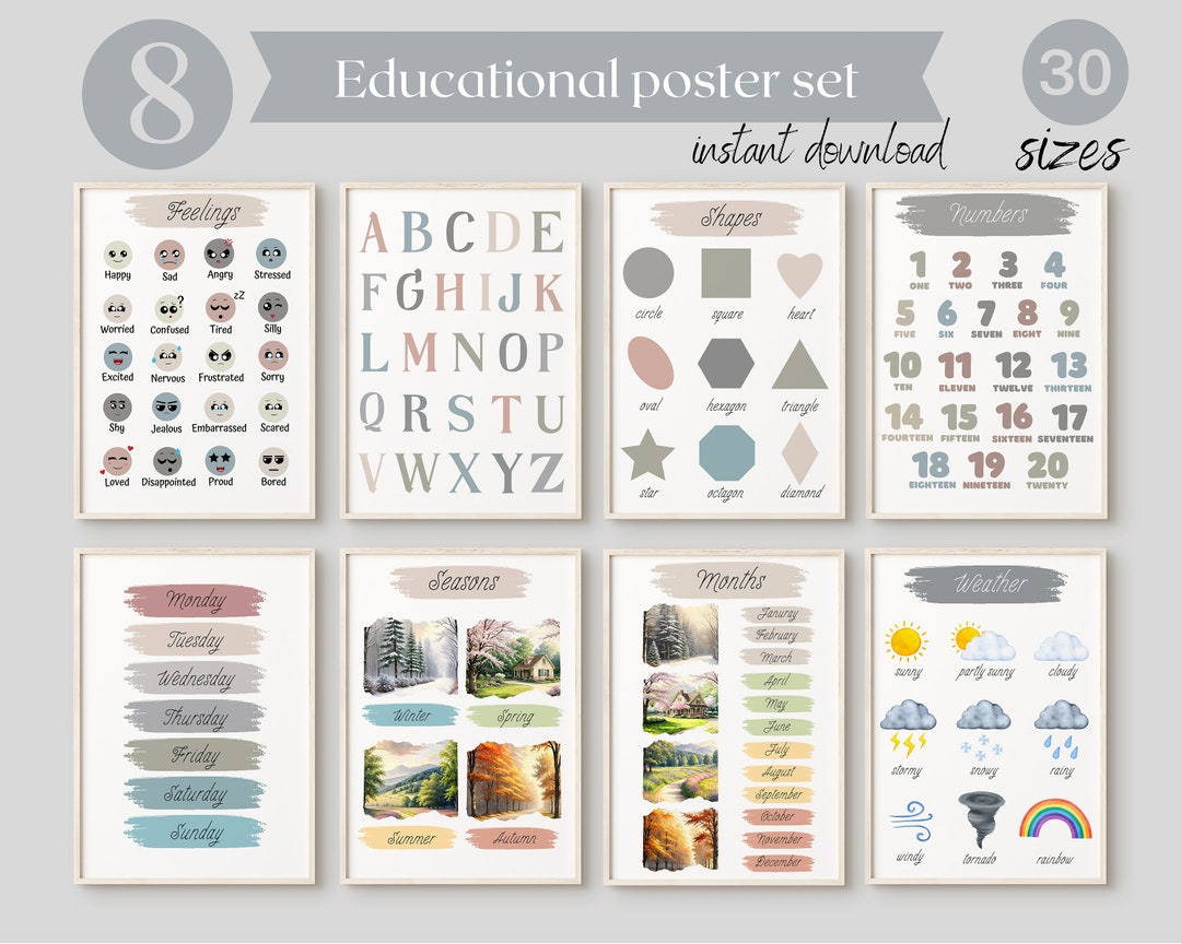 Pastel Preschool Weather Chart Shapes Wall Art Alphabet Numbers ...