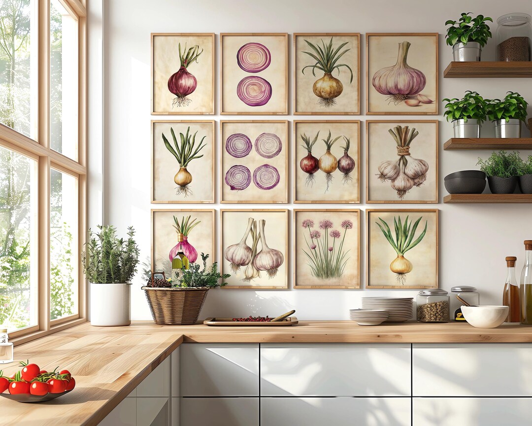 Vintage Garlic Onion Wall Art Set of 12, Cottagecore Ustical Onion Ring ...