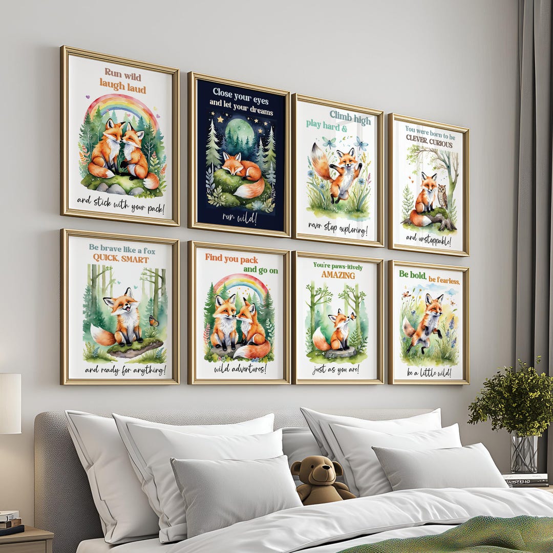 Kids Positive Empower Quote Fox Wall Art Set of 8, Nursery Motivational ...