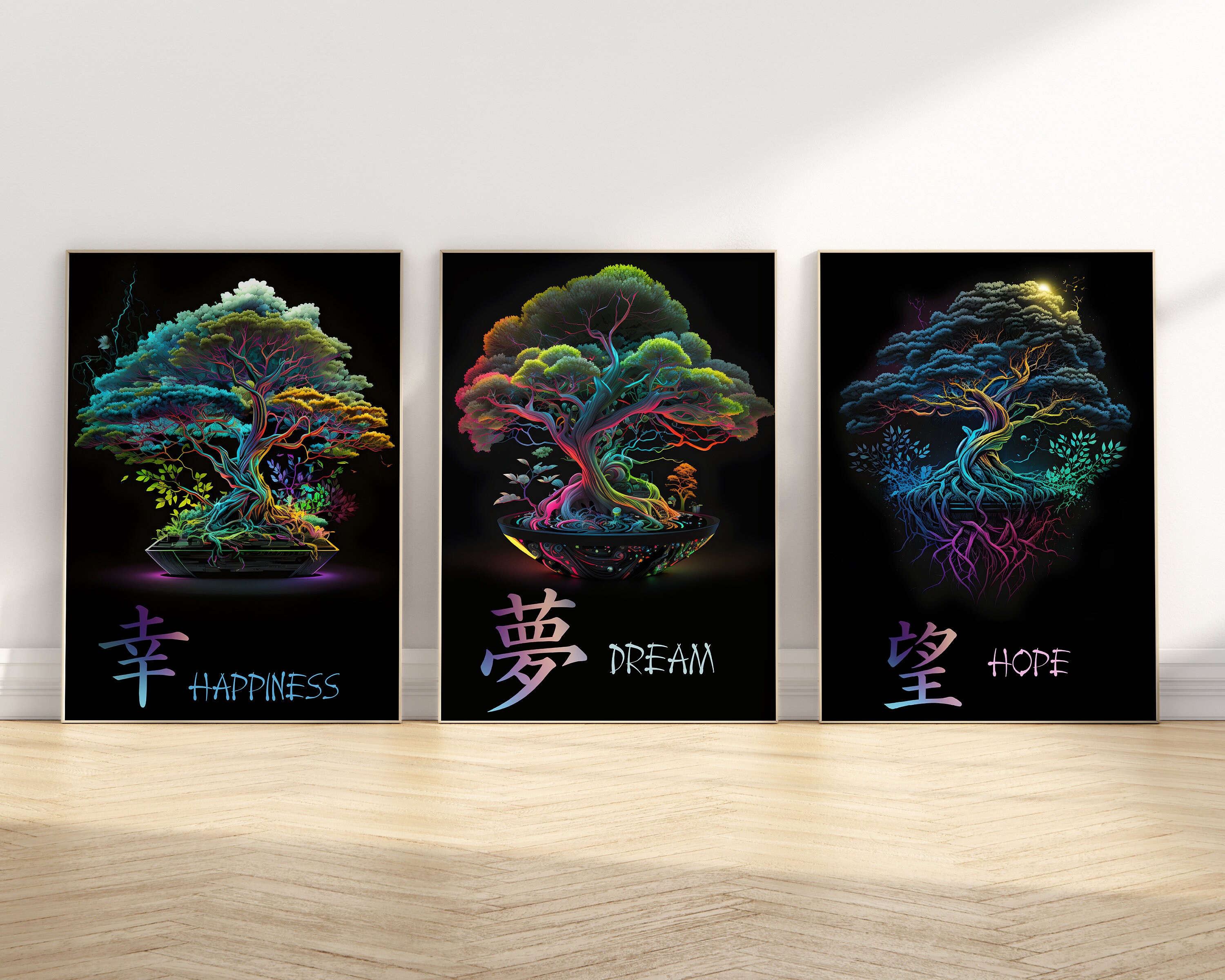 Japanese Kanji Neon Bonsai Tree Print Set of 3 Japan Calligraphy Kanji ...