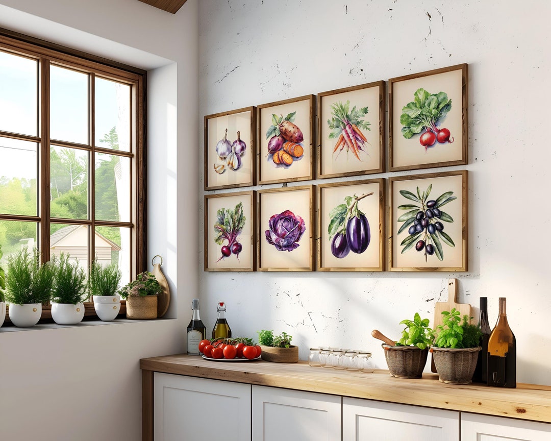 Colorful Watercolor Vegetables Wall Art Set of 6, Pink Purple Vegan ...