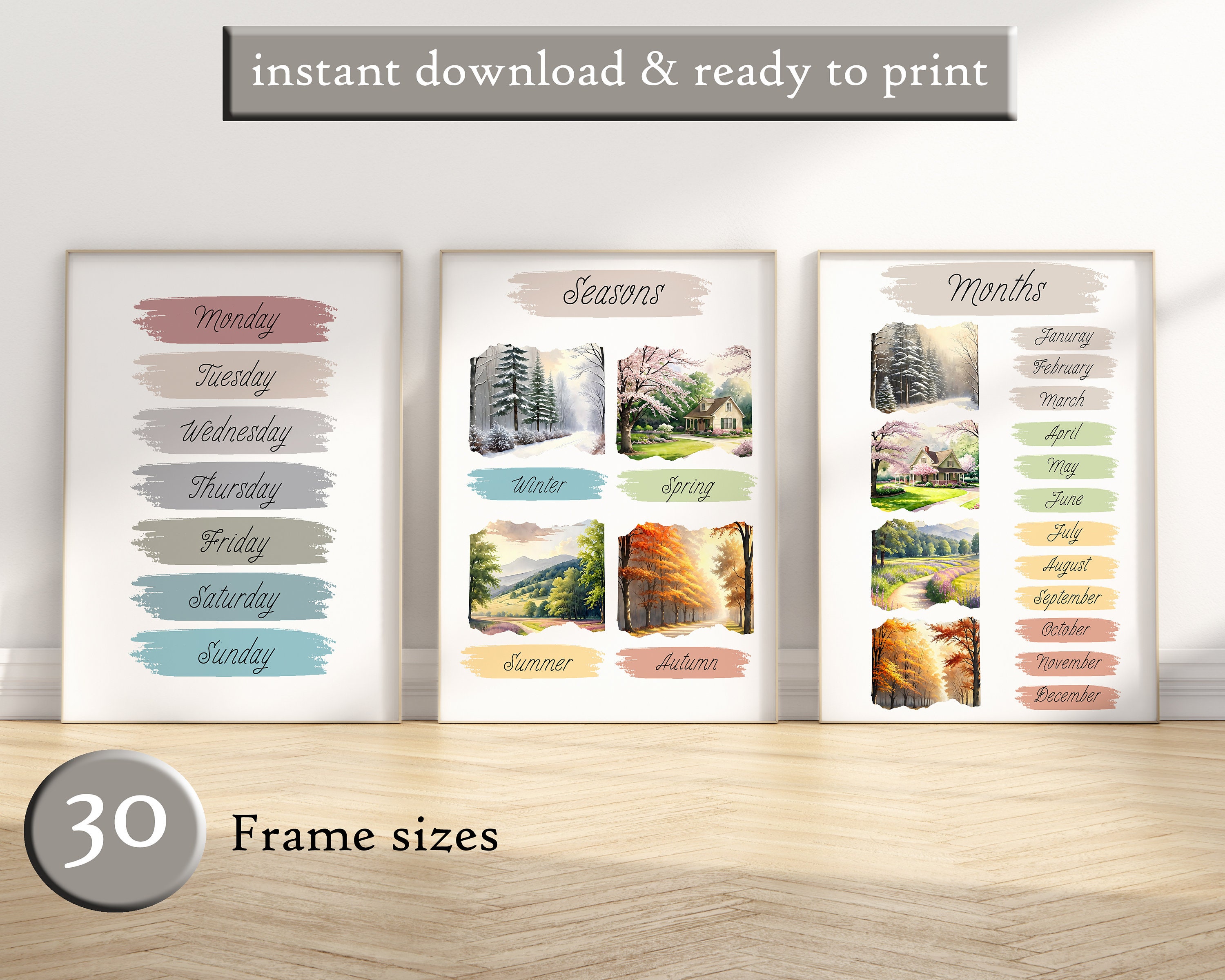 Pastel Preschool Days of the Week Months and Seasons Wall Art Set ...