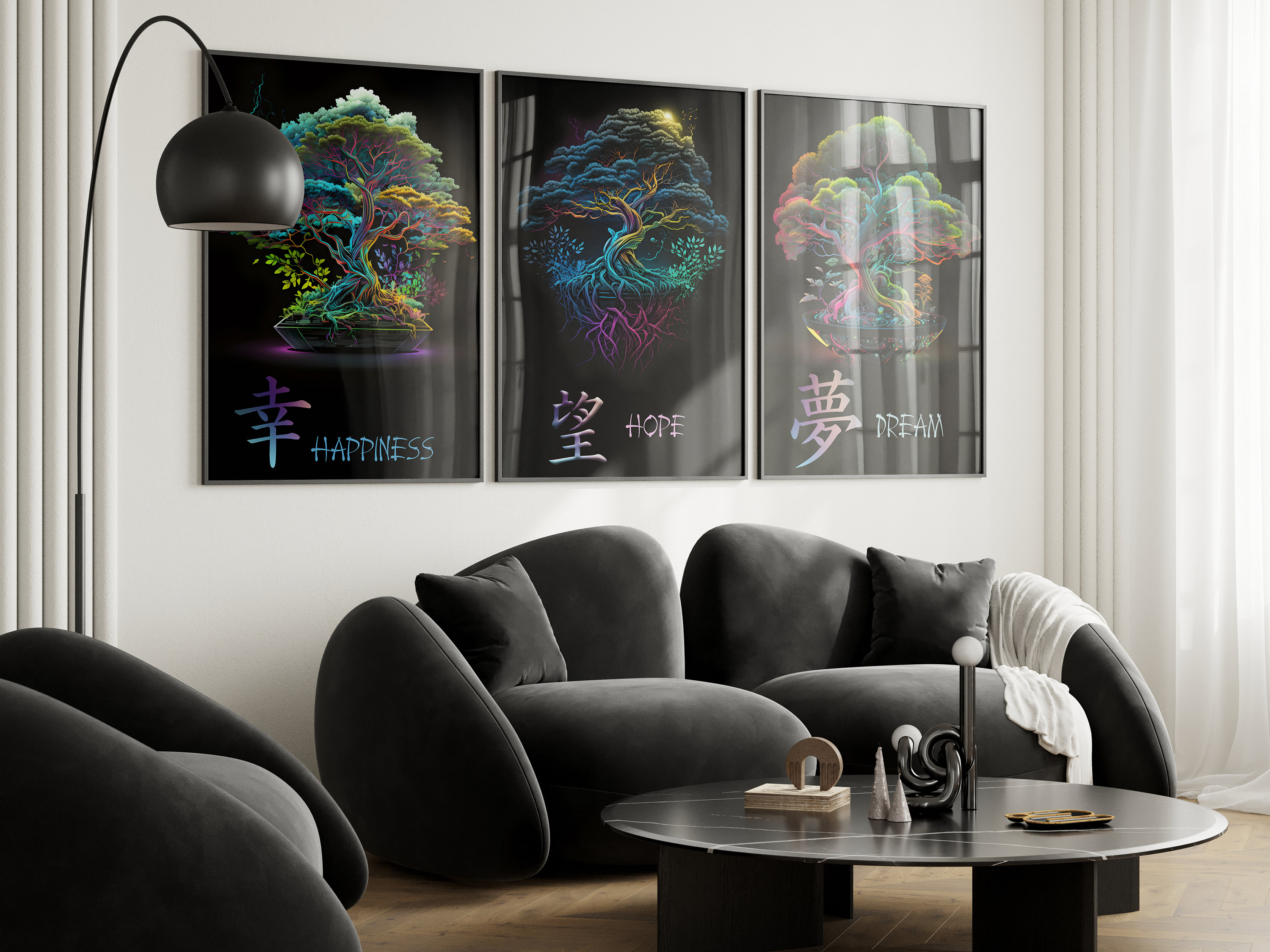 Japanese Kanji Neon Bonsai Tree Print Set of 3 Japan Calligraphy Kanji ...