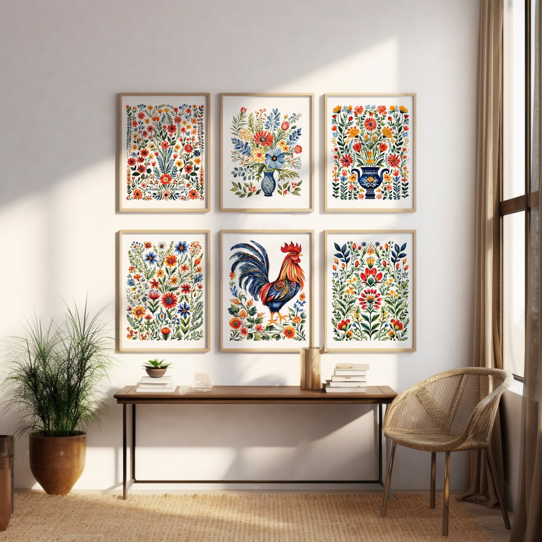 Folk Art Wildflowers Set of 6 Prints Polish Folk Art Wildflower Rooster ...