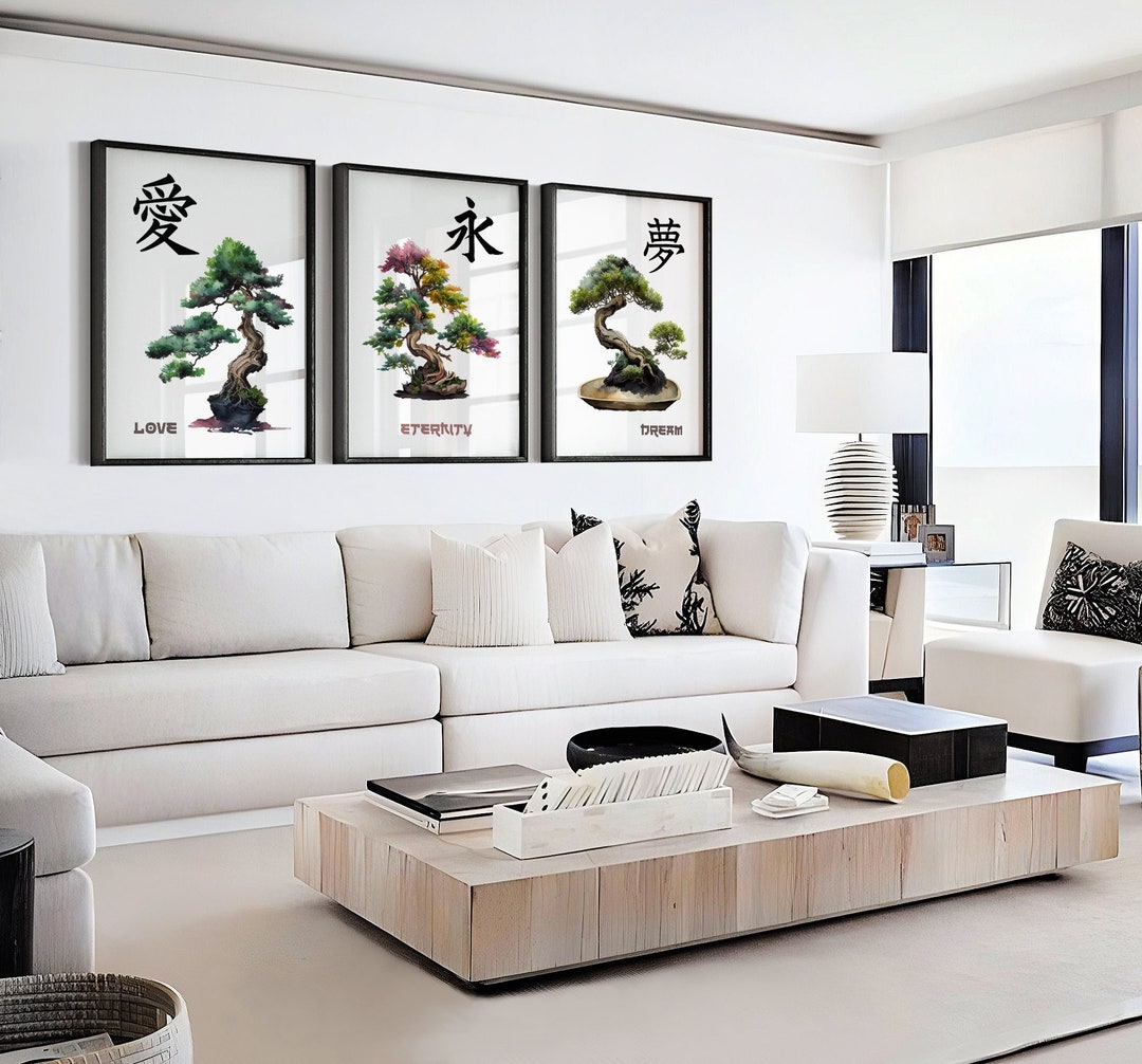 Watercolor Japanese Bonsai Tree Print Set of 3, Japan Calligraphy Kanji ...