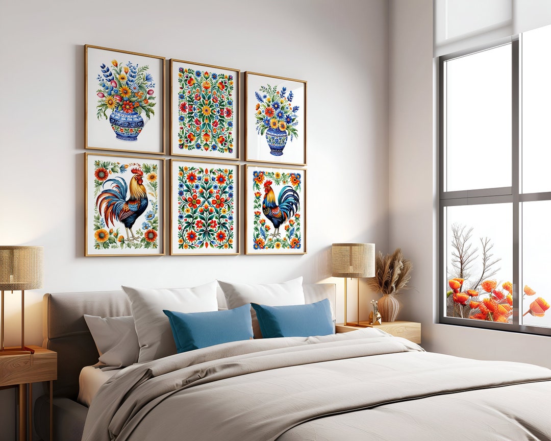 Polish Folk Art Prints Set of 6, Cottagecore Colorful Wildflowers ...