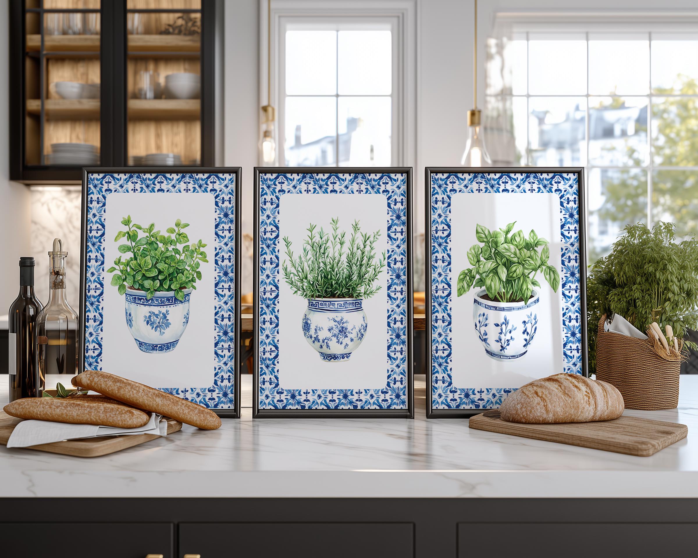 Blue and Wite Mosaic Tile Herb Wall Art Set of 2 3 6, Botanical Herbal ...
